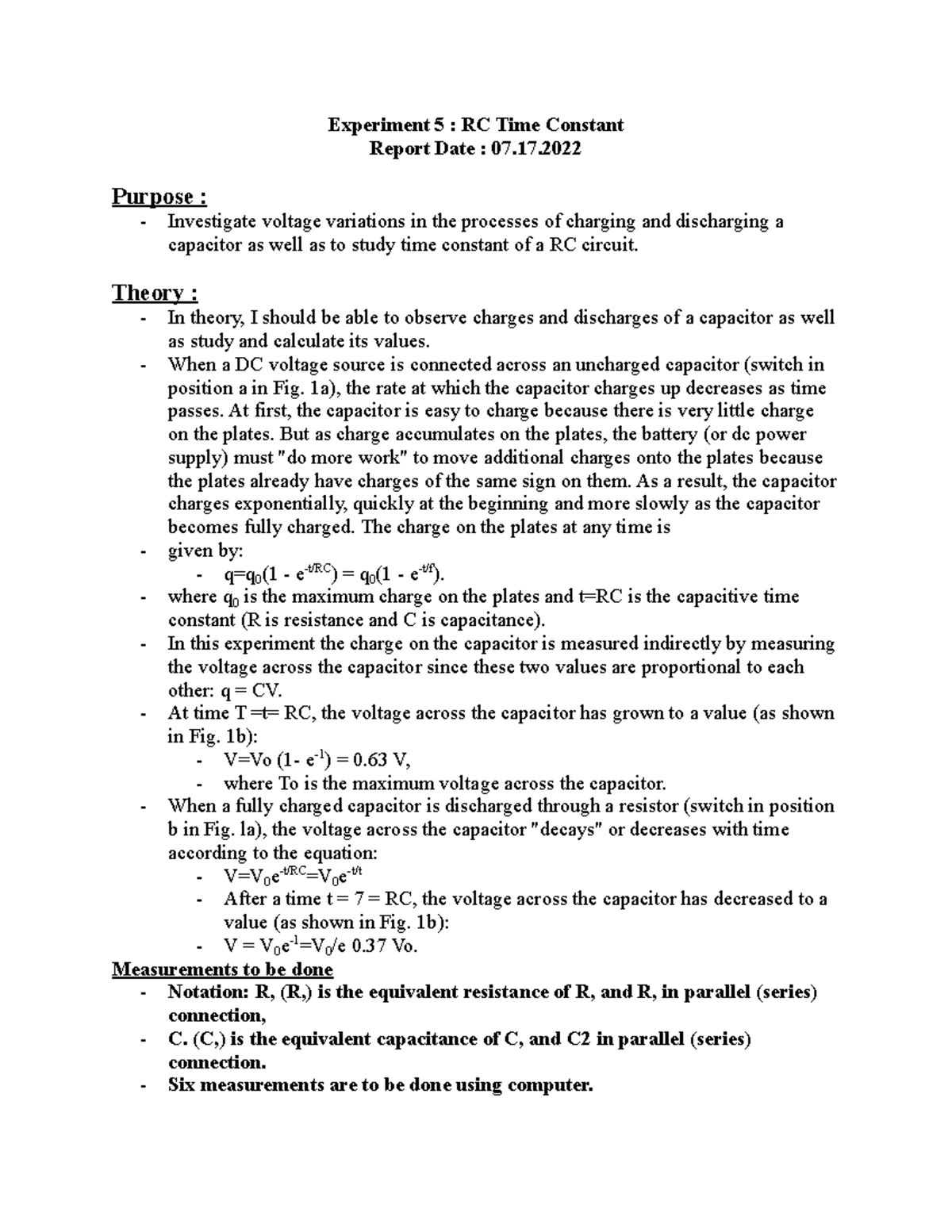 **Experiment 5: Analyzing RC Time Constant in Circuits** - Studocu
