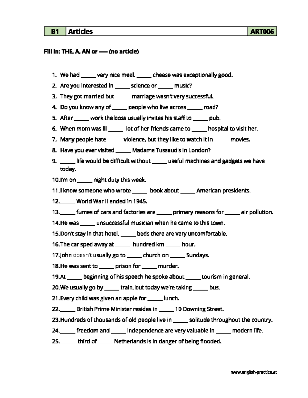 ART006 Definite and Indefinite Articles Practice Exercises - Studocu