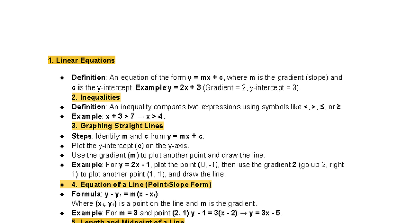 Formula Sheet - Linear Equations & Expressions (MATH101) - Studocu