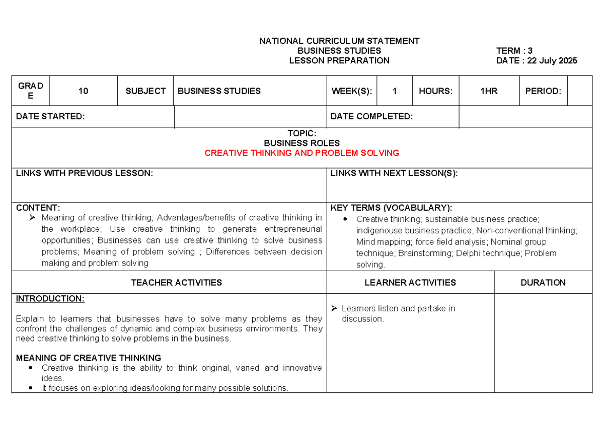 BUSINESS STUDIES GRADE 10 LESSON PREP: CREATIVE THINKING & PROBLEM ...