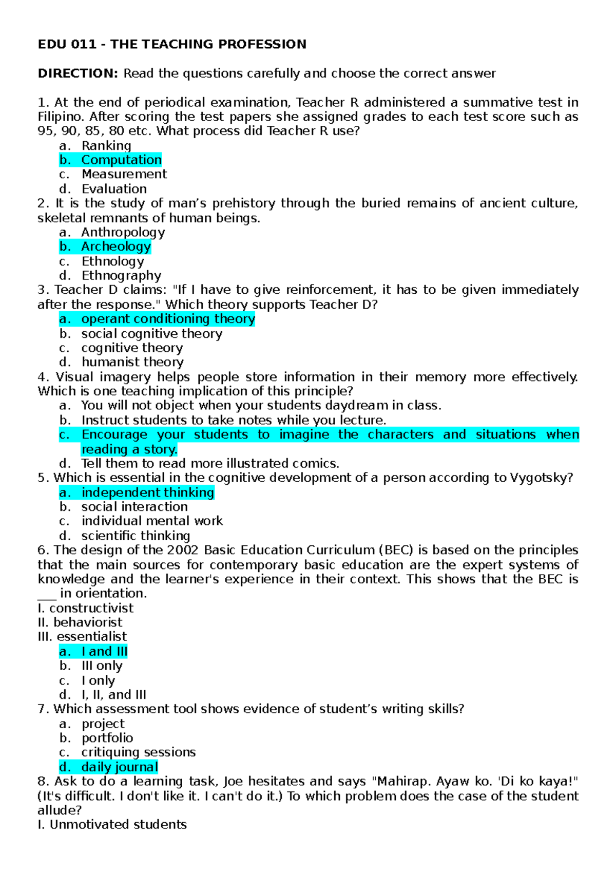 EDU 011 - Teaching Profession: Periodical Exam with Answer Keys - Studocu
