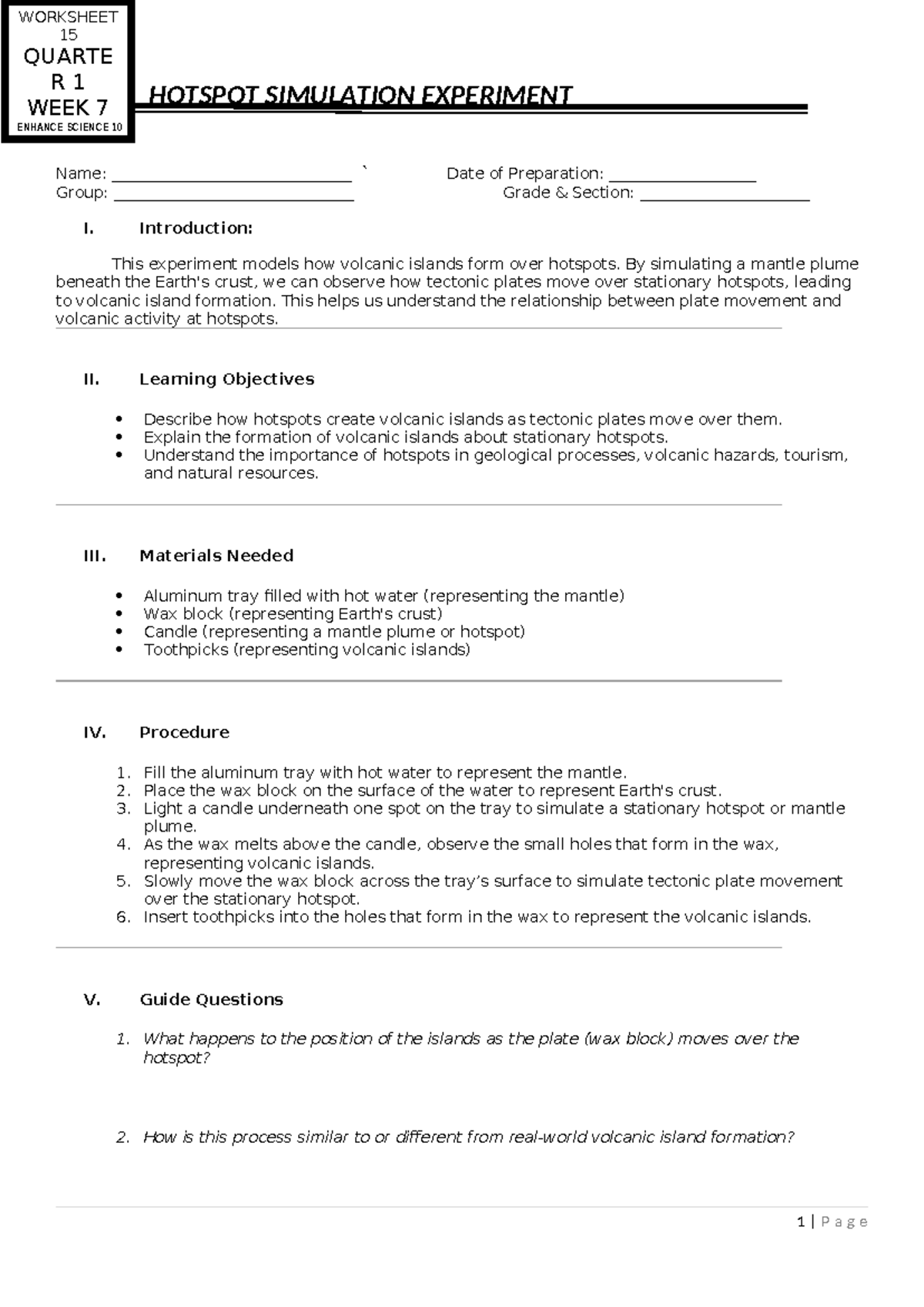 ENHSCI10 Q1W7WS15 Hotspot Simulation Experiment Worksheet - Studocu