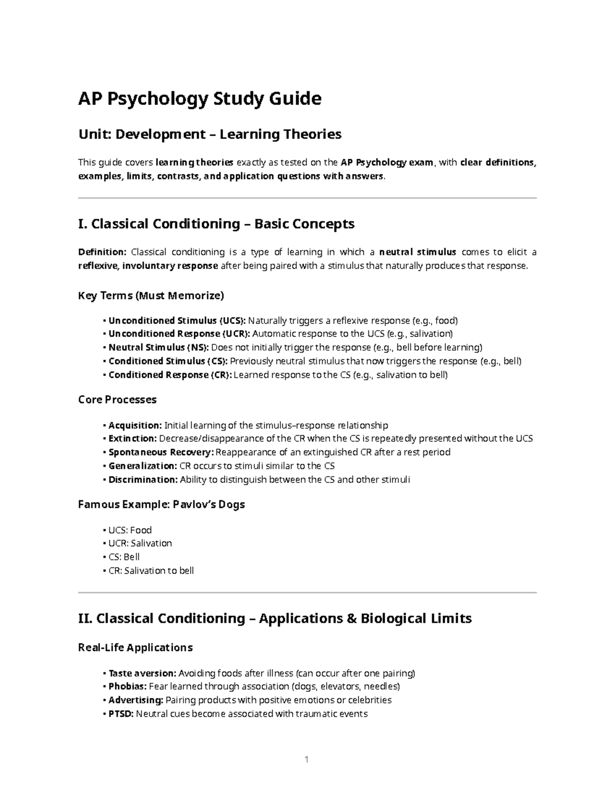 AP Psychology Study Guide: Learning Theories Overview - Studocu