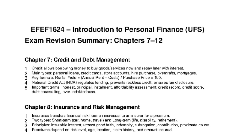 EFEF1624 Personal Finance Exam Revision Summary: Chapters 7-12 - Studocu