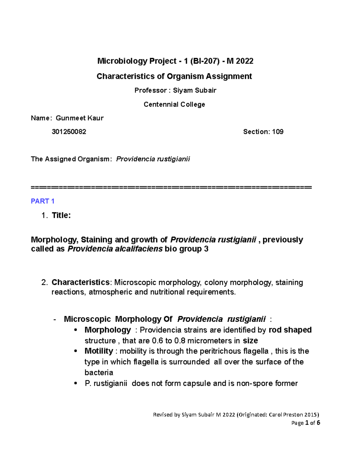 Characteristics of Providencia rustigianii - BI-207 Assignment M 2022 ...