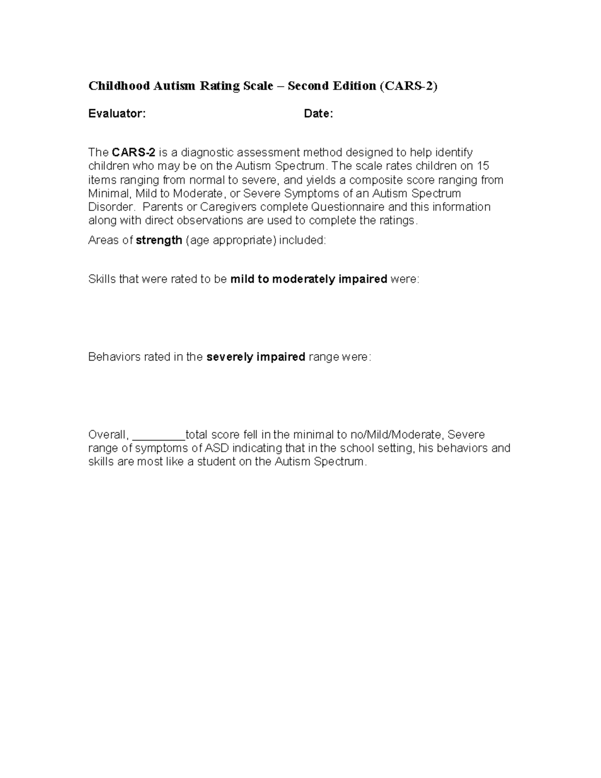 CARS-2 Analysis for Autism Spectrum Diagnosis: Sample Write Up 1 - Studocu
