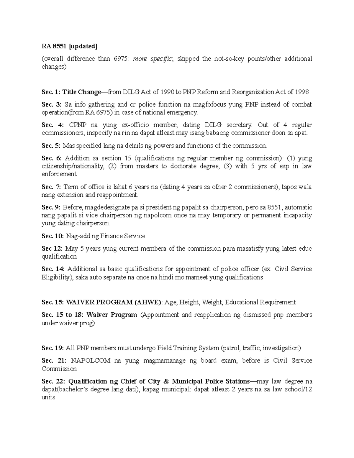 Comparison of RA 6975 and RA 8551: Key Changes and Provisions - Studocu