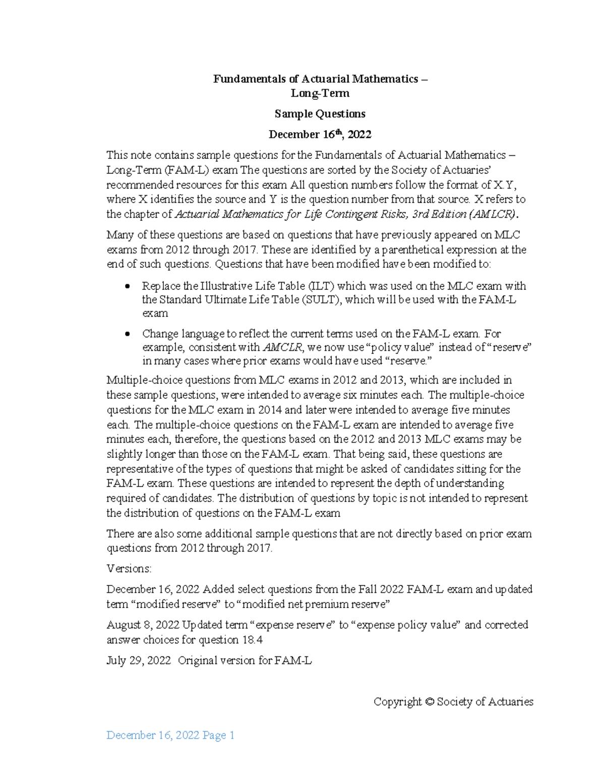 FAM-L Sample Questions for Actuarial Mathematics Exam Prep - Studocu