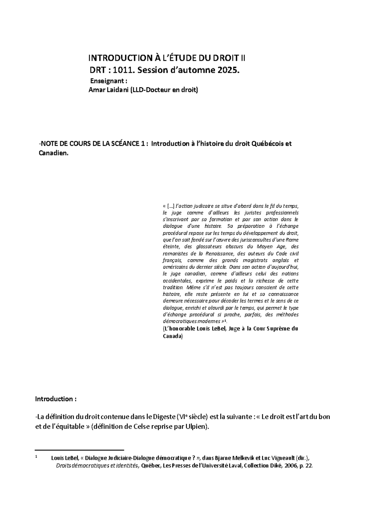 Introduction à l'Histoire du Droit Québécois et Canadien (DRT 1011 ...