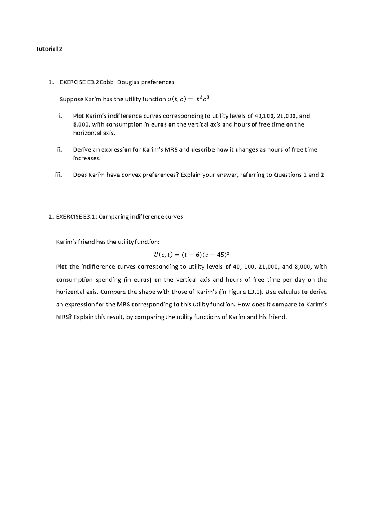 Tutorial 2 2026 - Indifference Curves & MRS Analysis for Utility ...