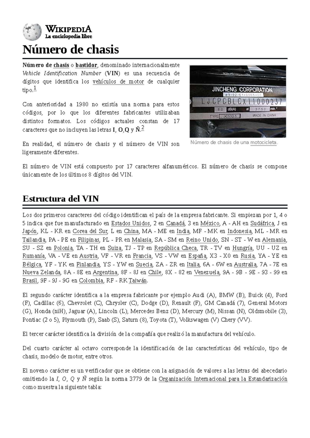 Número de Chasis y VIN: Identificación de Vehículos - Studocu