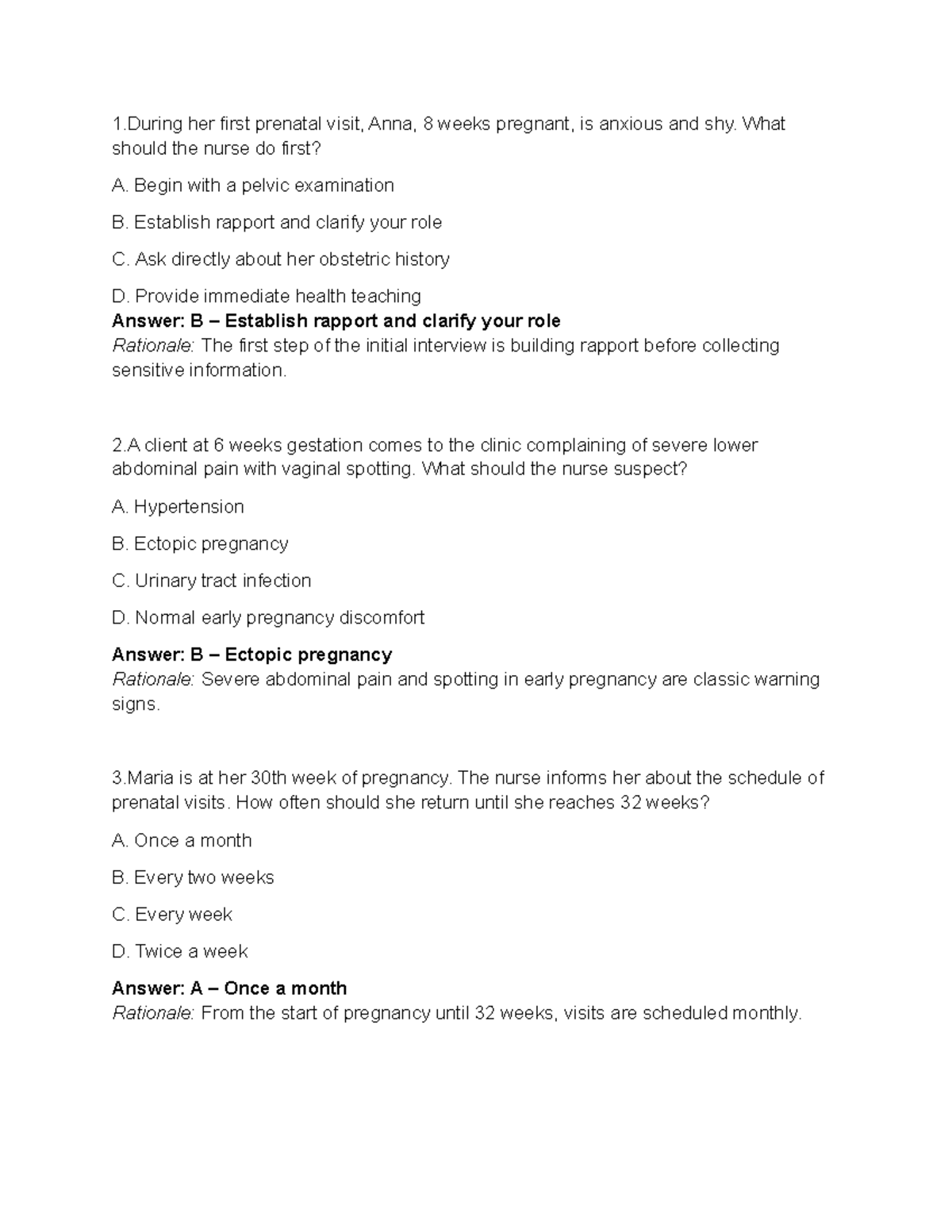 POST TEST - Prenatal Care Nursing Notes (NUR 101) - Studocu