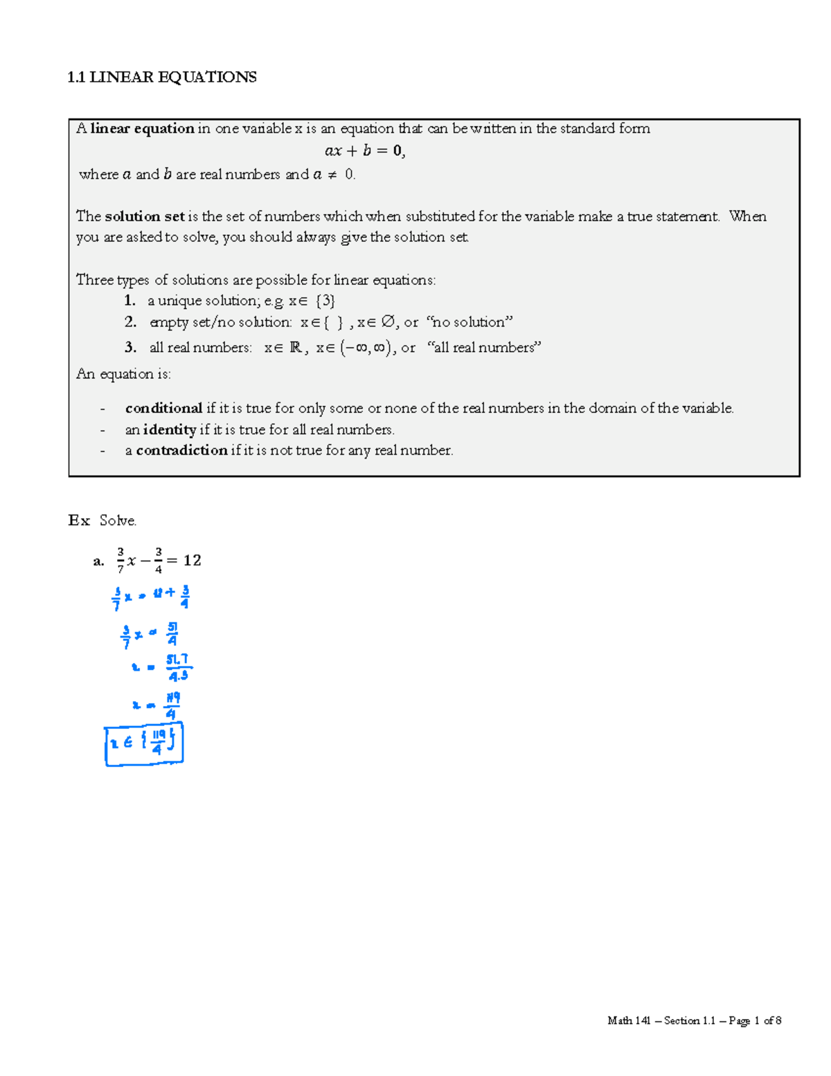 Math 141 - Lecture Notes on Linear Equations and Rational Expressions ...