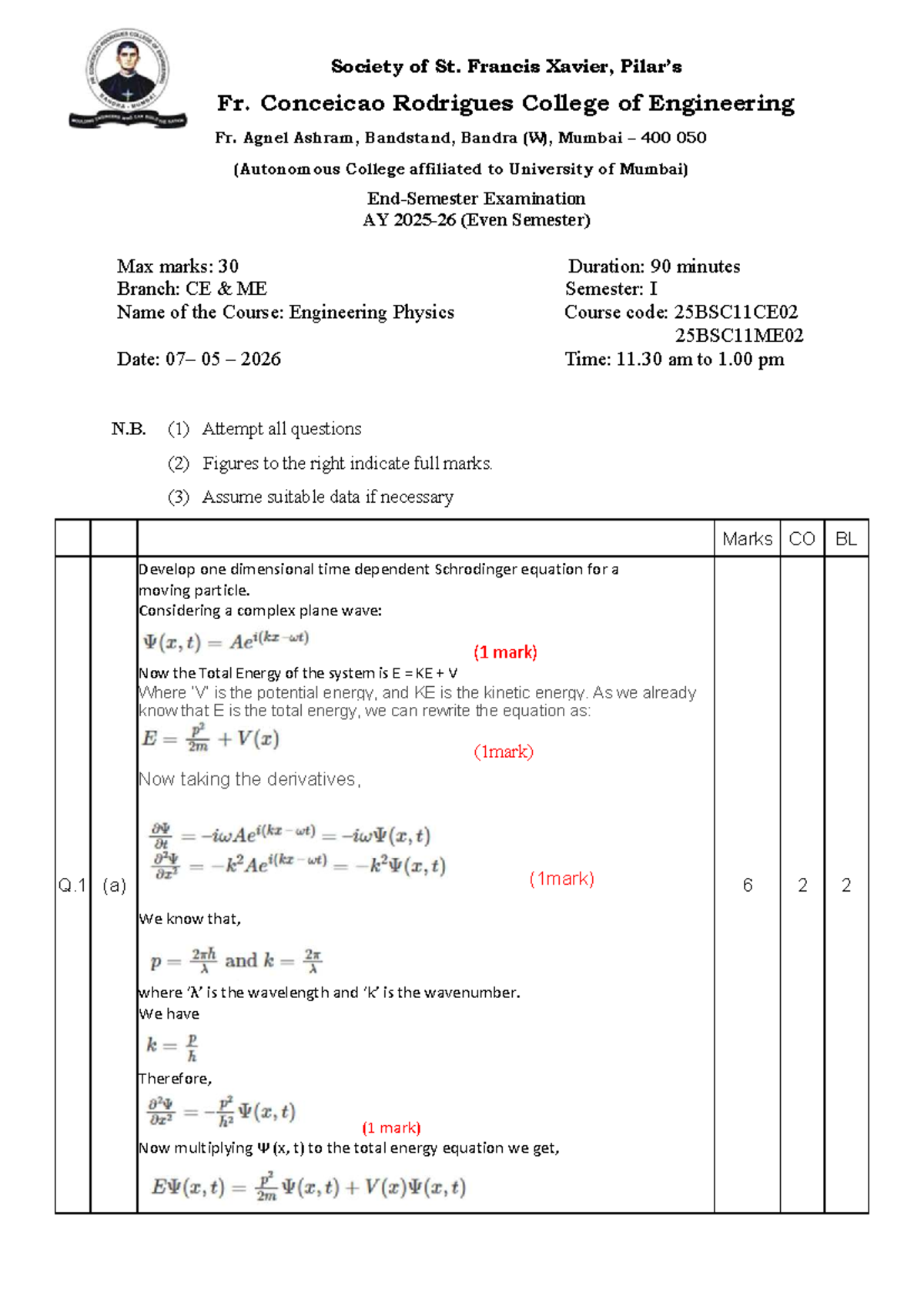 Engineering Physics End Sem Exam QP - 25BSC11CE02, 25BSC11ME02 - Studocu