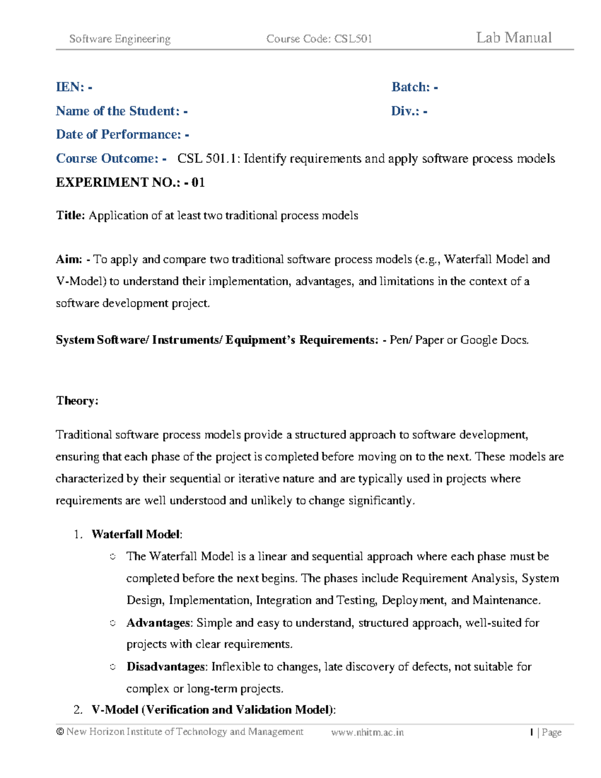 Software Engineering Lab Manual: CSL501 Experiments Overview - Studocu