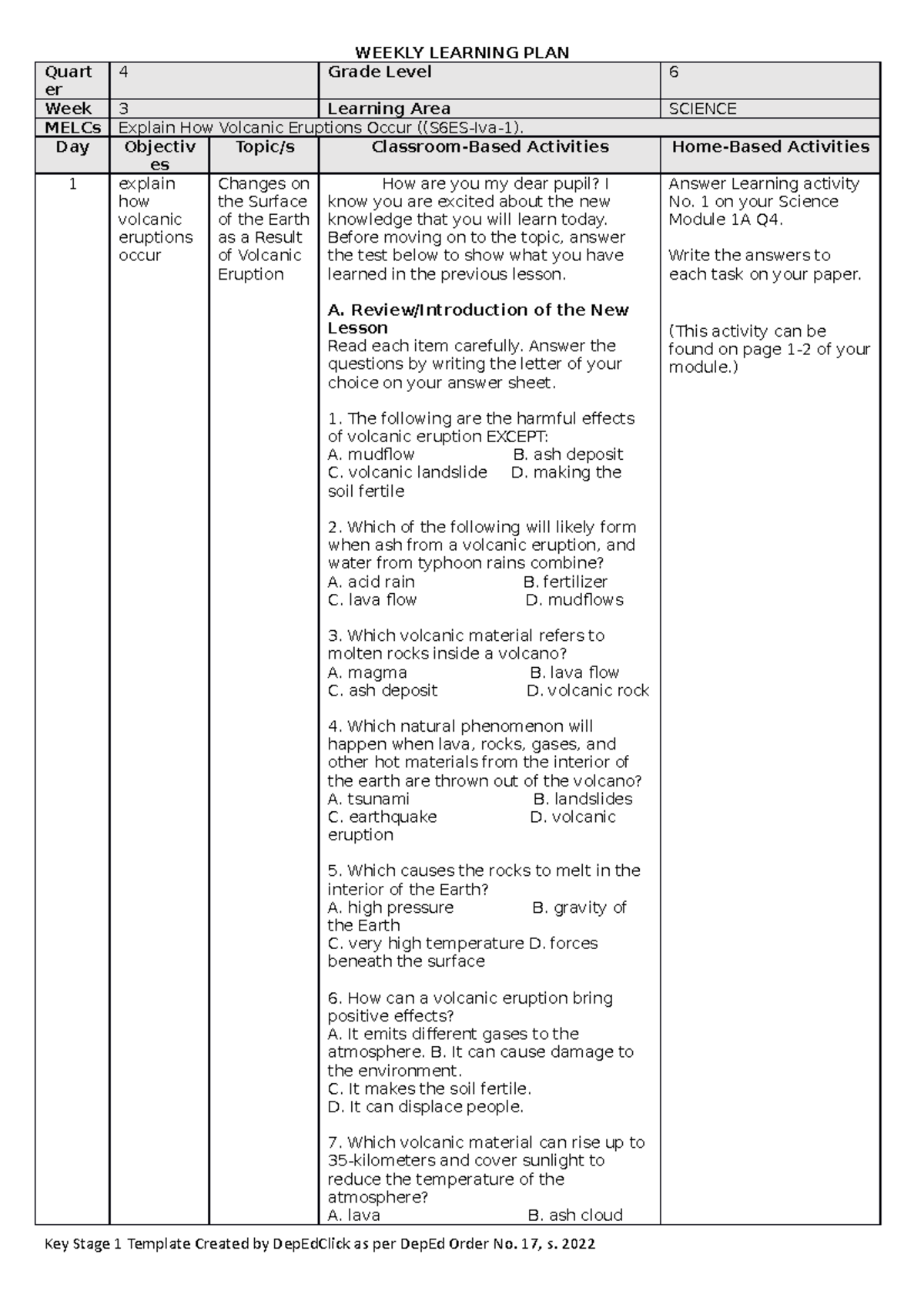 WLP Q4 G6 Science - lesson plan - WEEKLY LEARNING PLAN Quart er 4 Grade ...