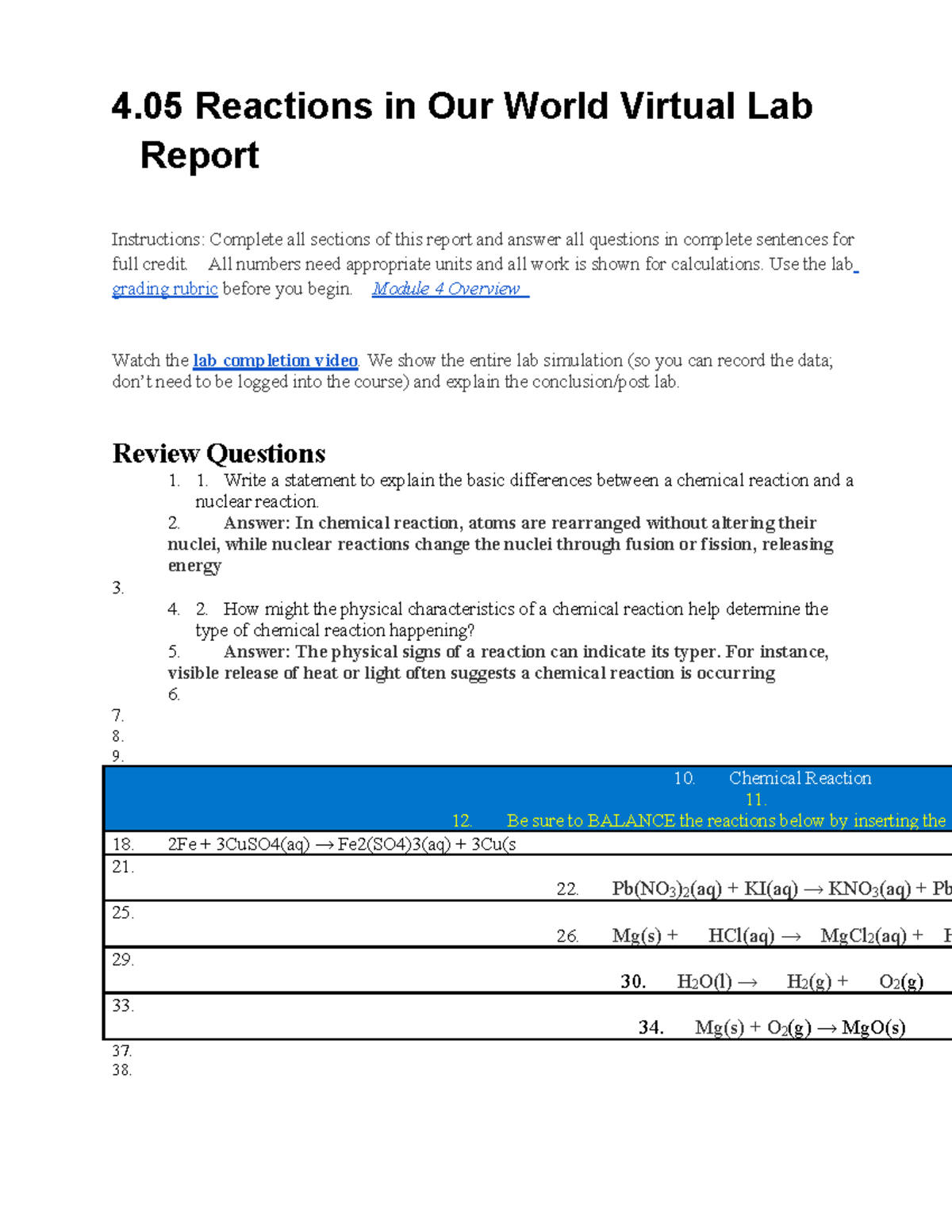 4.05 Virtual Lab Report: Chemical & Nuclear Reactions Analysis - Studocu