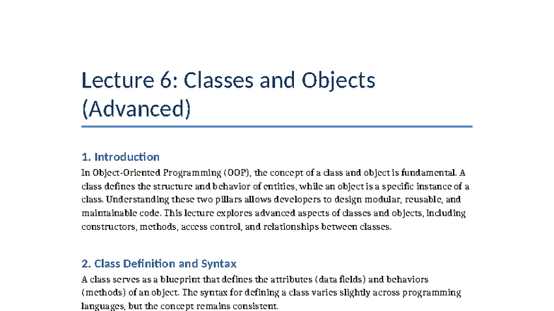 Lecture 6: Advanced Concepts of Classes and Objects in OOP - Studocu