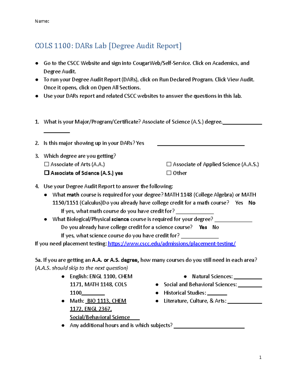 COLS 1100: DARS Lab Worksheet for Degree Audit Analysis - Studocu