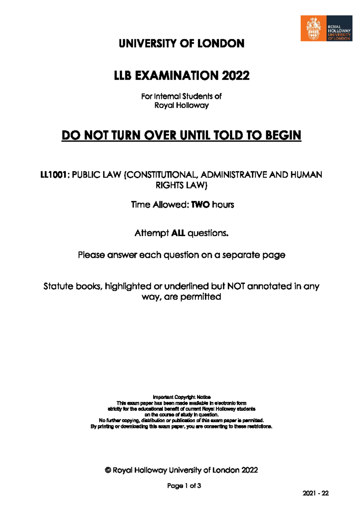 LL1001: Public Law Exam Paper 2022 - Royal Holloway LLB - Studocu