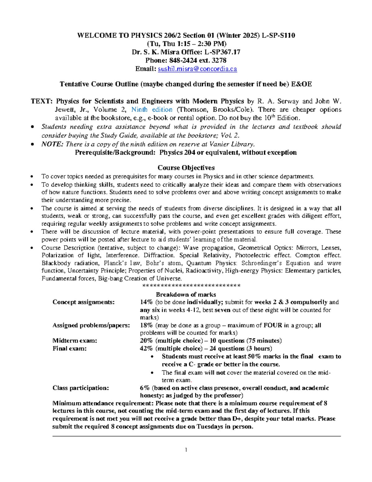 PHYS 206 W25 Course Outline: Key Concepts and Assignments - Studocu