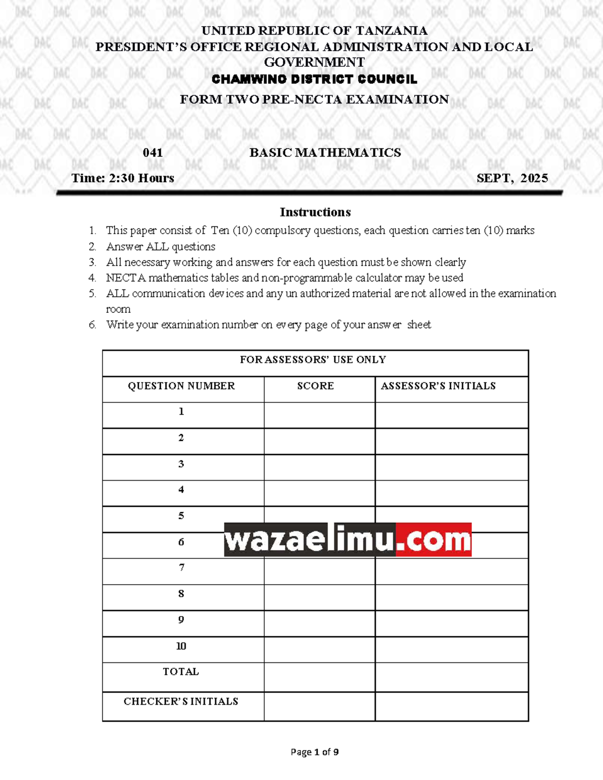 041 Basic Mathematics Form Two Examination - Sept 2025 - Studocu