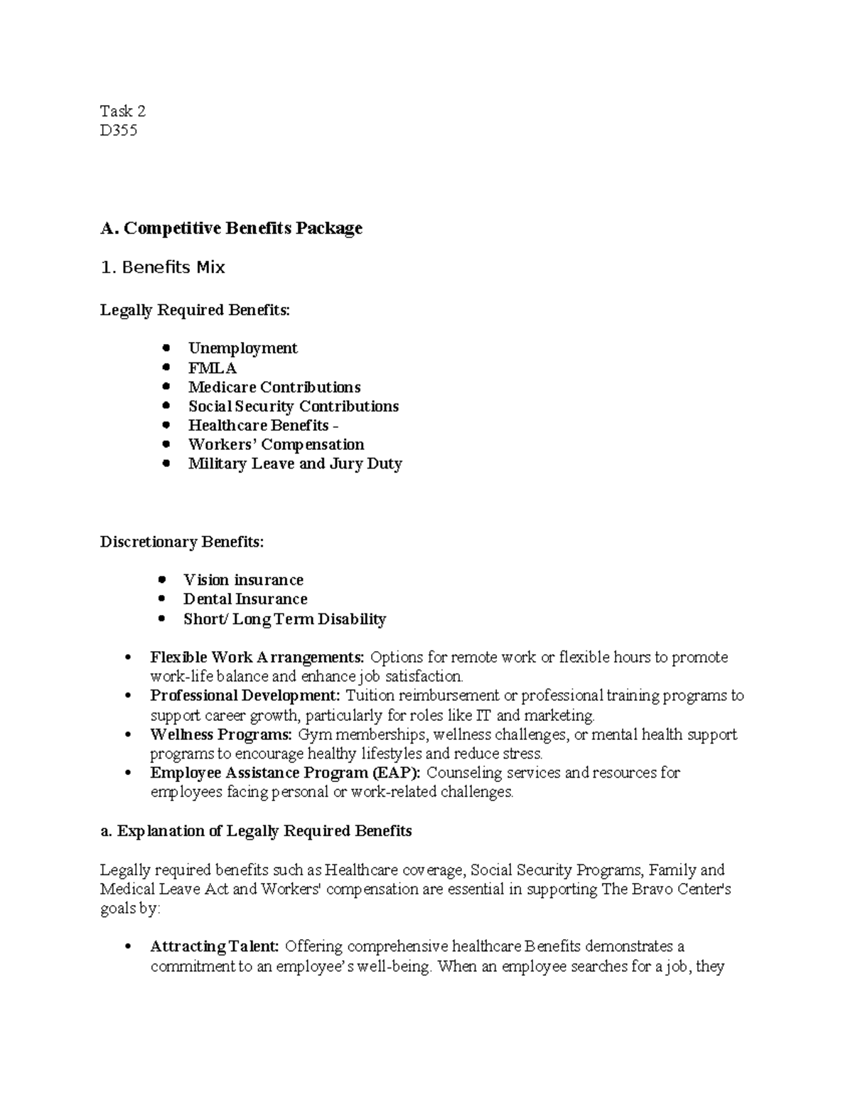 Task 2 D355: Comprehensive Competitive Benefits Package Analysis - Studocu