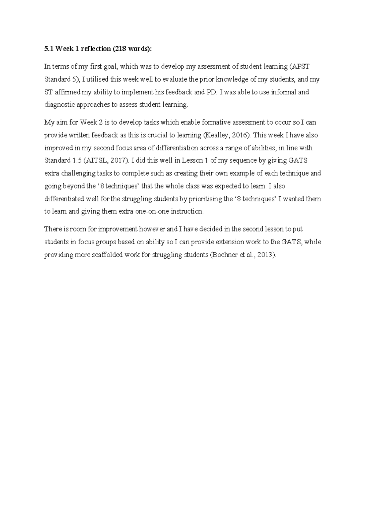 Secondary Exemplar Weekly Reflection 1: Assessment & Differentiation ...