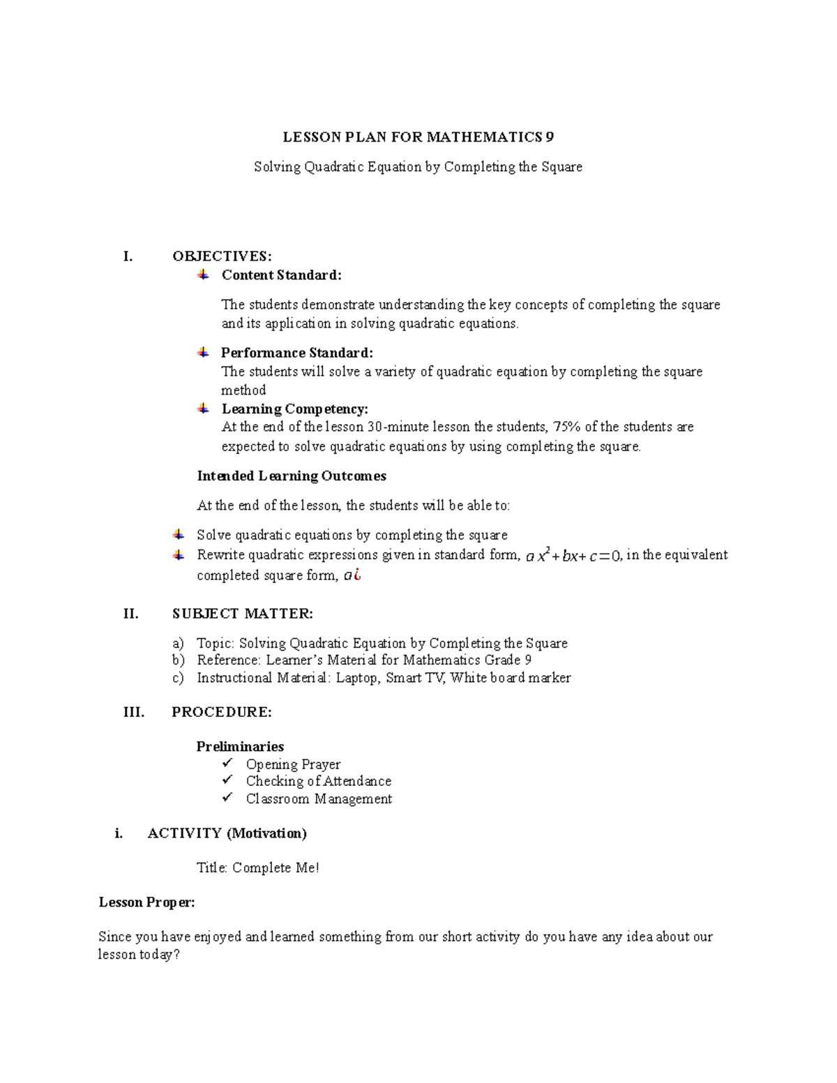 Math9 Lesson Plan: Solving Quadratic Equations by Completing the Square ...