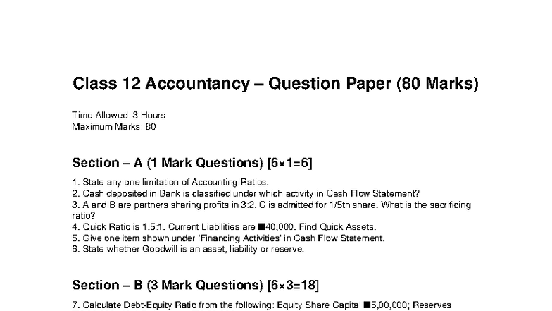 Class 12 Accountancy Question Paper - 80 Marks (3 Hours) - Studocu