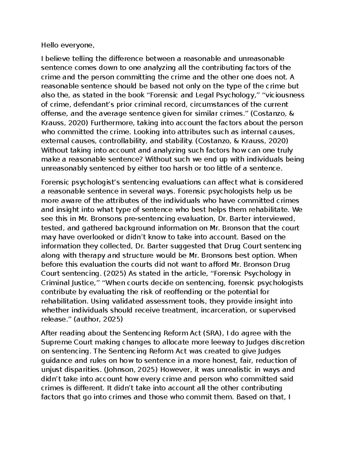 Psy 205 Discussion 5: Analyzing Reasonable vs. Unreasonable Sentencing ...