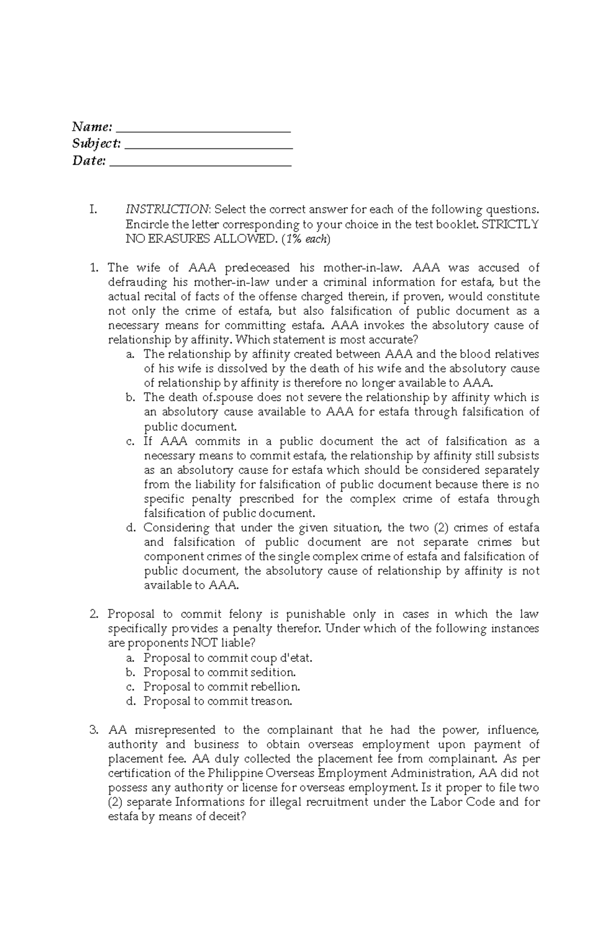 Final Exam - Criminal Law (CL 101) Study Guide - Studocu