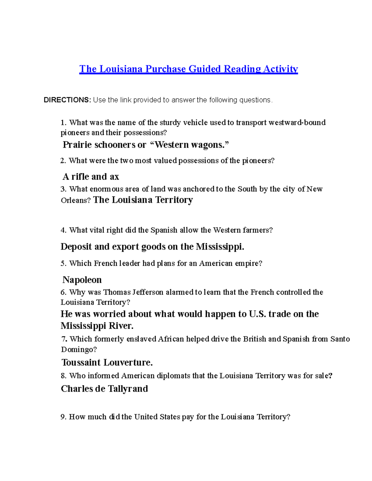 Copy of Louisiana Purchase - The Louisiana Purchase Guided Reading ...