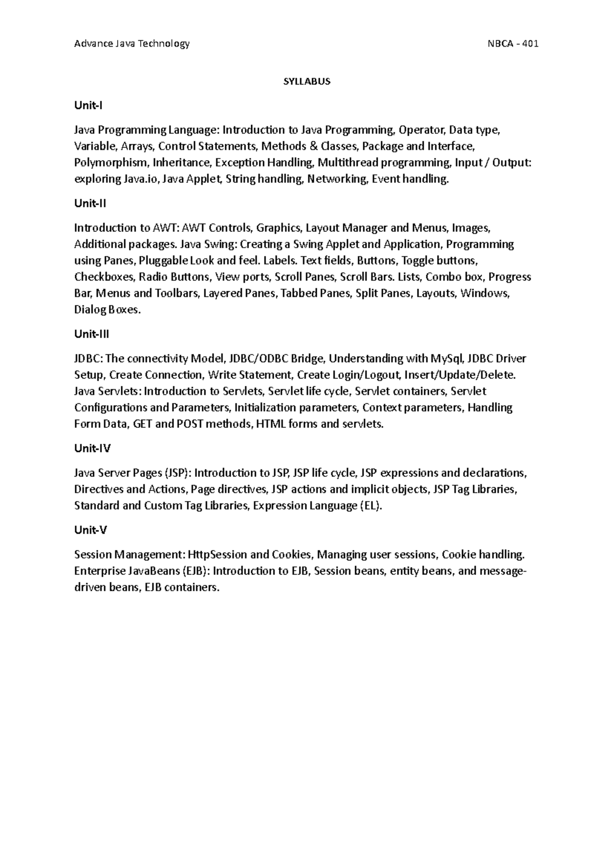 Advanced Java Technology NBCA 401: Comprehensive Syllabus Overview ...