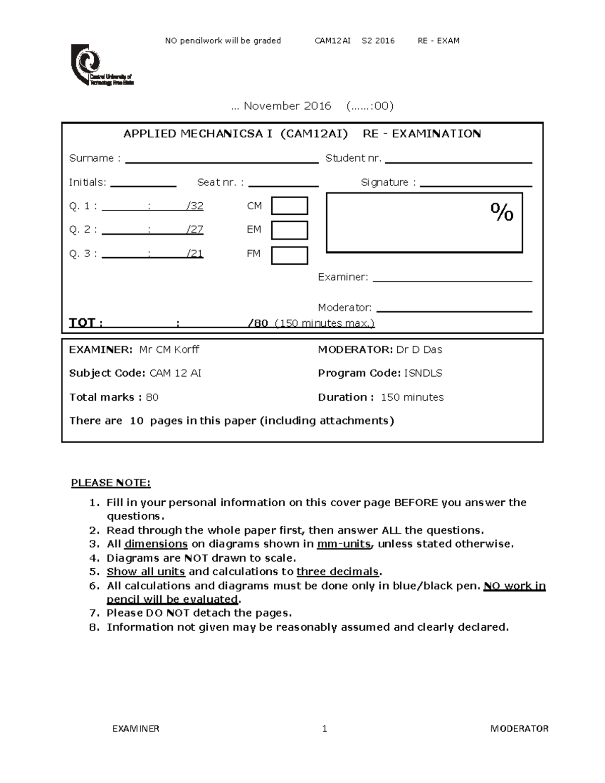 CAM12AI November 2016 RE Exam: Applied Mechanics A I - Studocu