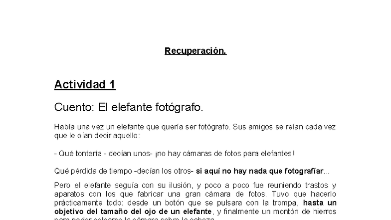 Recuperación Actividad 1: Cuento "El Elefante Fotógrafo" - Studocu