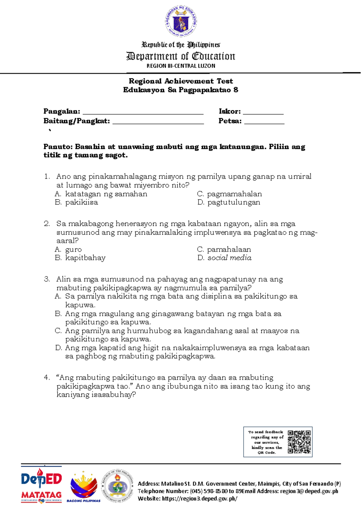 Regional Achievement Test in Es P 8 - Republic of the Philippines ...