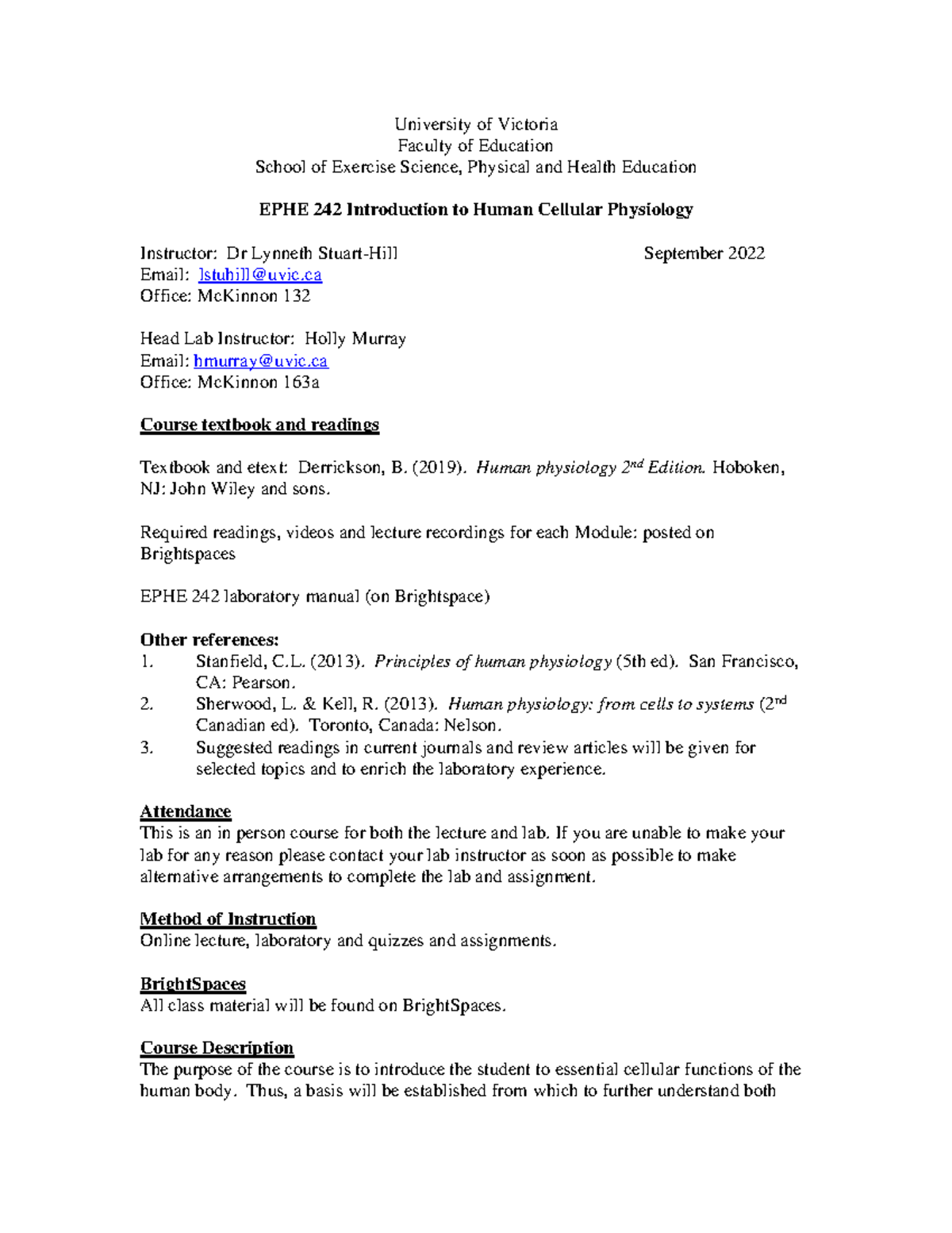 EPHE 242 Course Outline: Introduction to Human Cellular Physiology ...