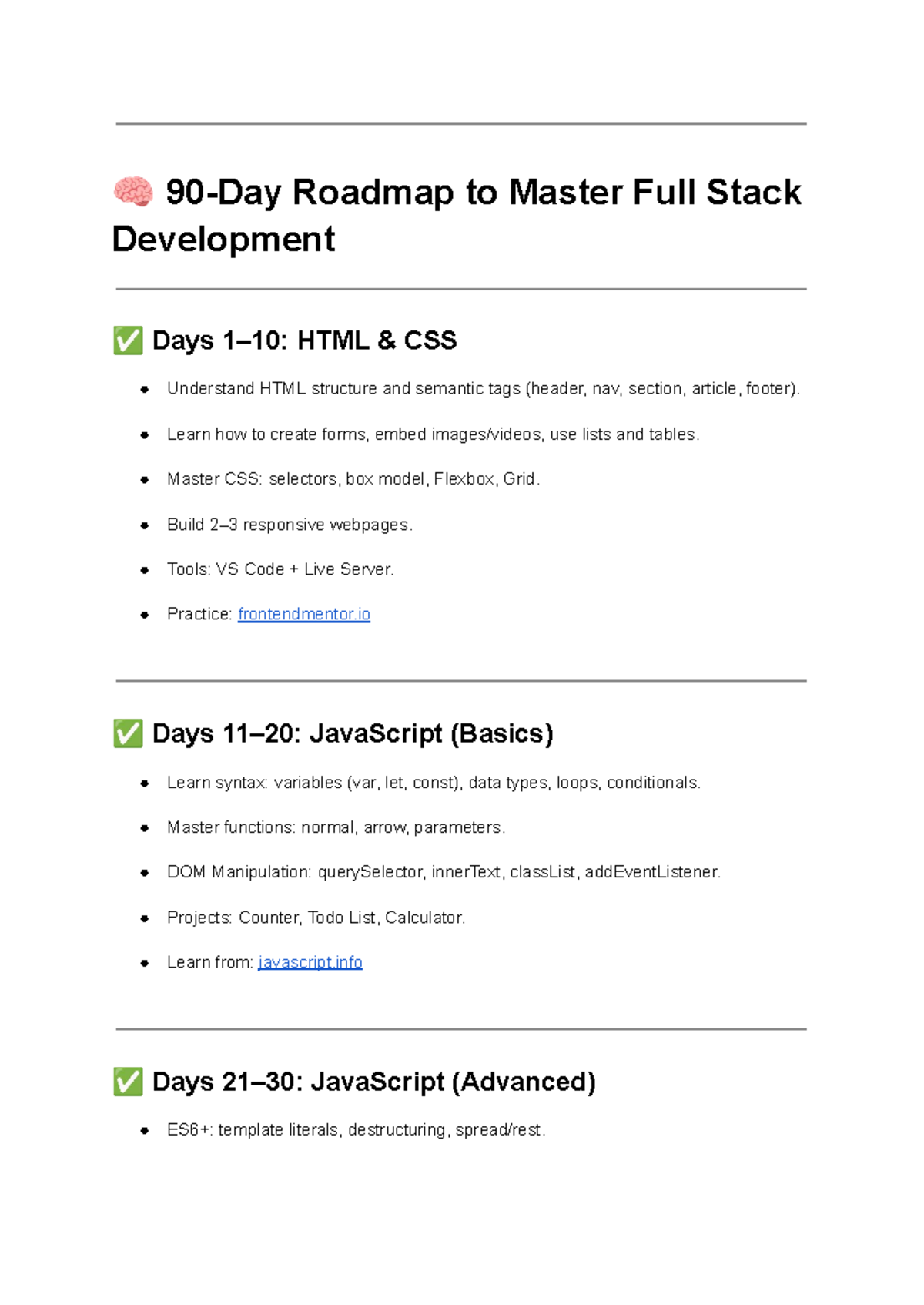 90-Day Roadmap: Master Full Stack Development (HTML, CSS, JS, Git, React) - Studocu