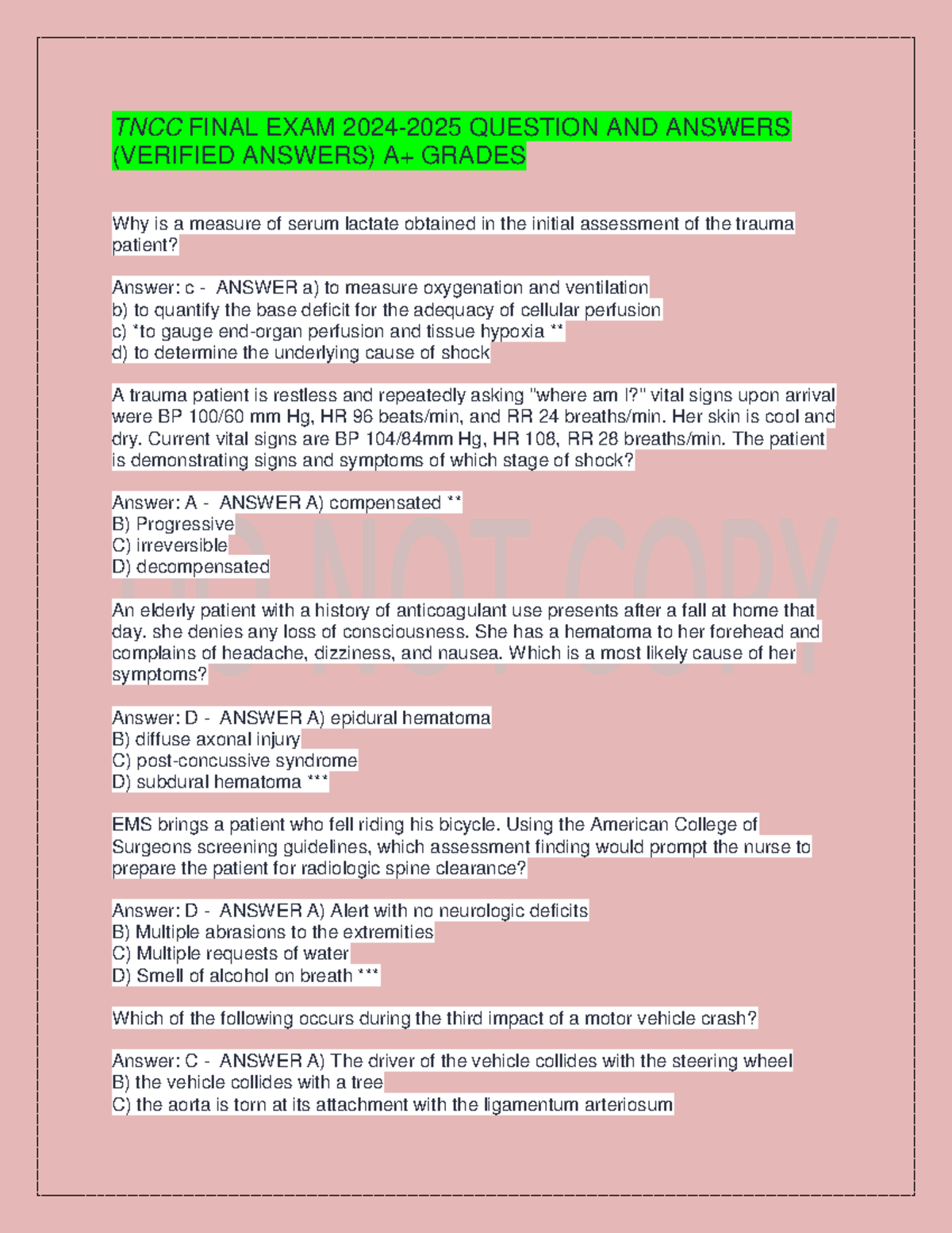 TNCC Final Exam 2024: Verified Answers & Key Concepts - Studocu
