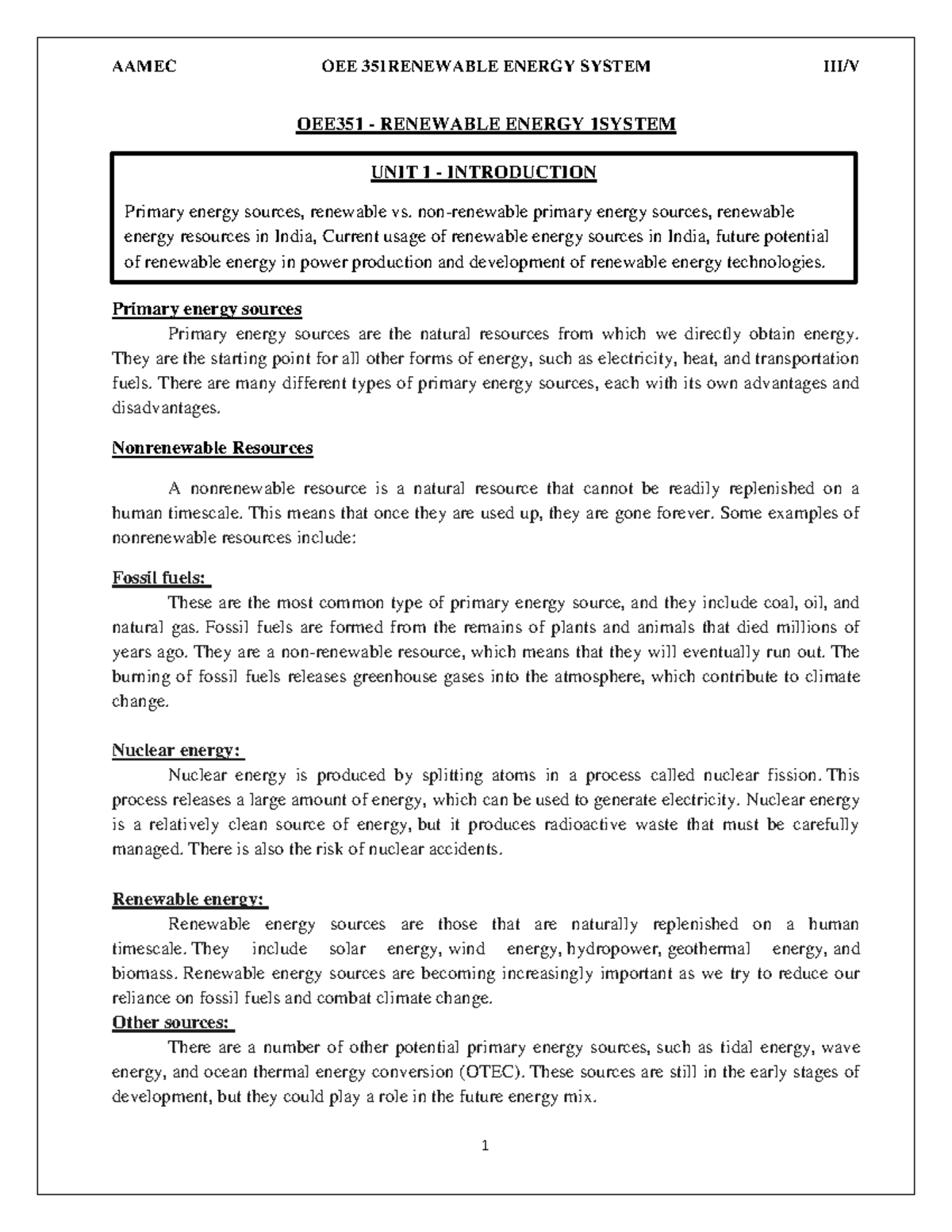 OEE351 - Renewable Energy 1: Understanding Energy Sources and Impacts ...