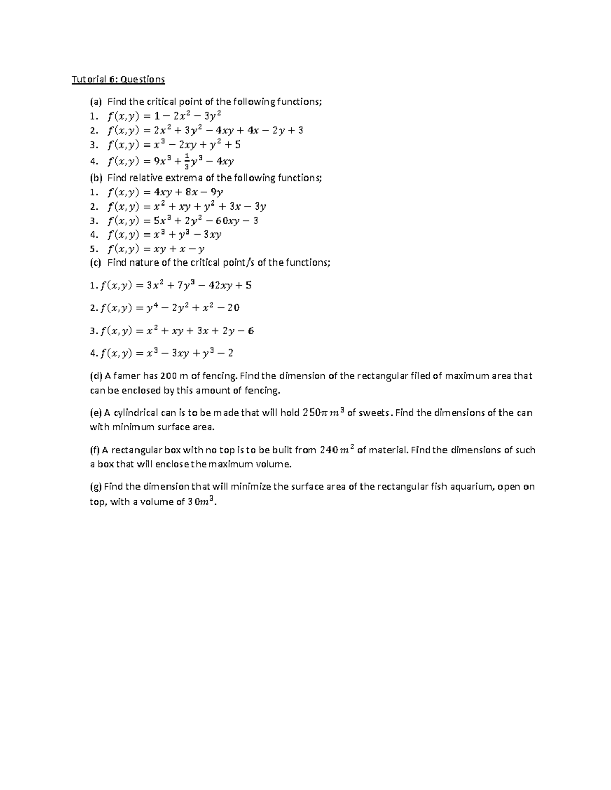 MATH143 Tutorial 6: Critical Points & Optimization Problems - Studocu