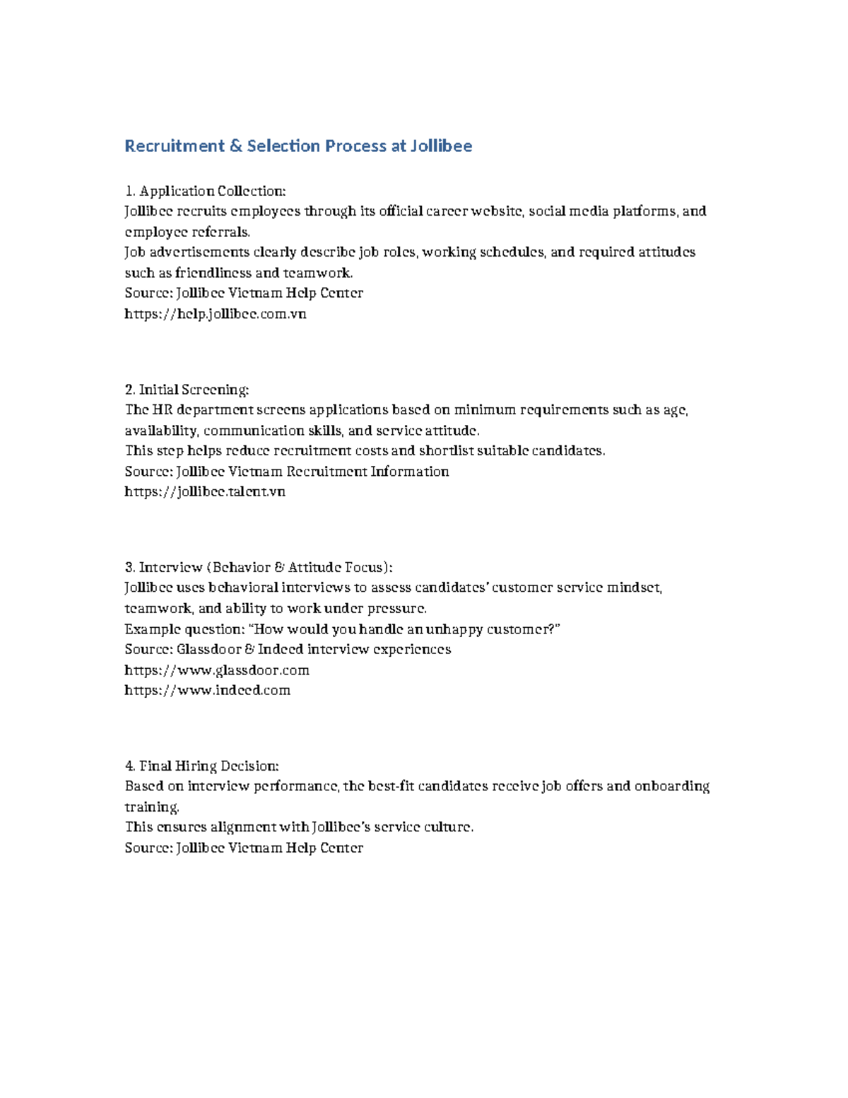 Jollibee Recruitment Selection Process Overview - Studocu