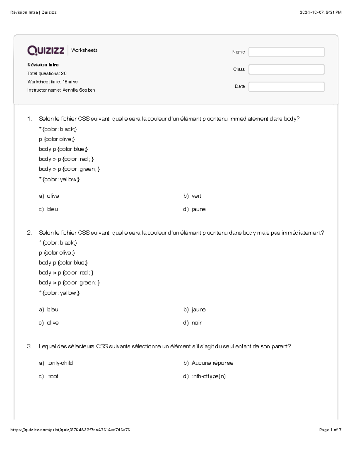 Révision Intra Quizizz - CSS et HTML Concepts et Questions - Studocu