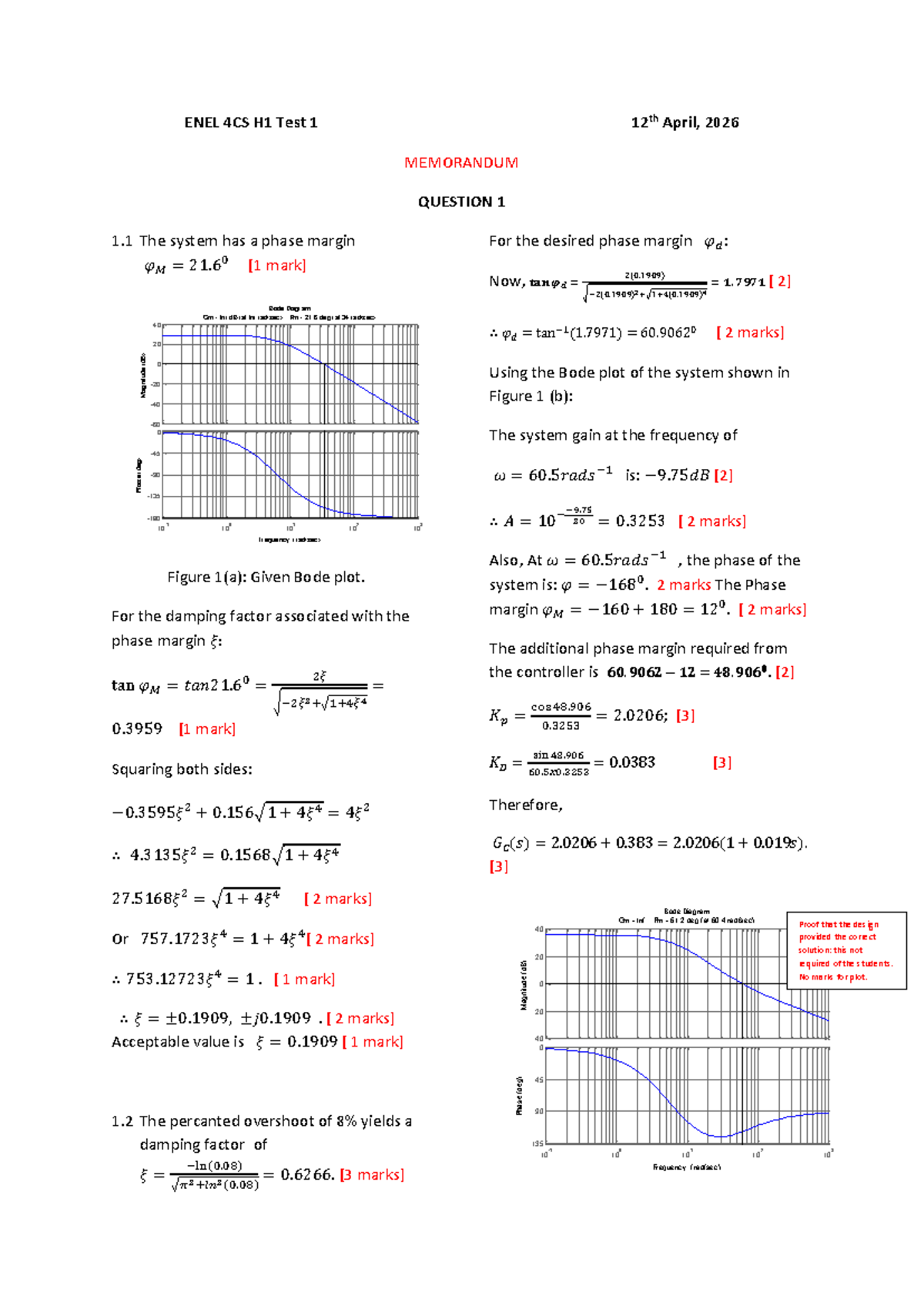 ENEL 4CS H1 Test 1 Memorandum: Bode Plot Analysis and Controller Design ...