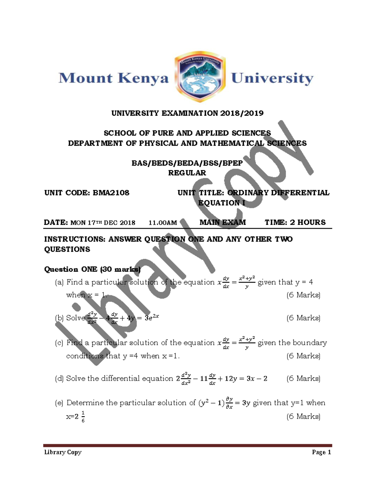 BMA2108 ODE I REG MAIN - Past Exam Paper December 2018 - Studocu