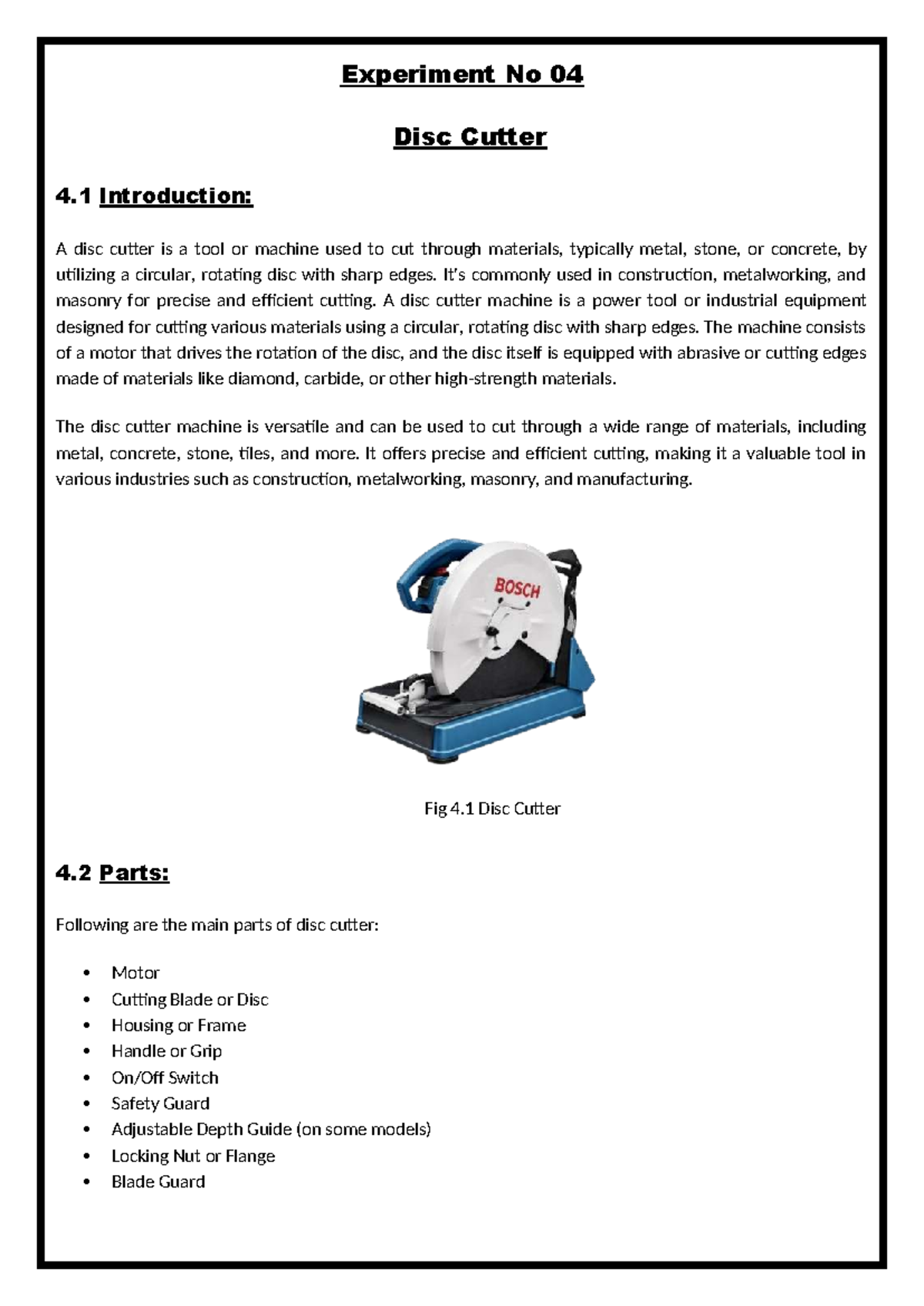 Experiment No 04: Overview and Analysis of Disc Cutter - Studocu
