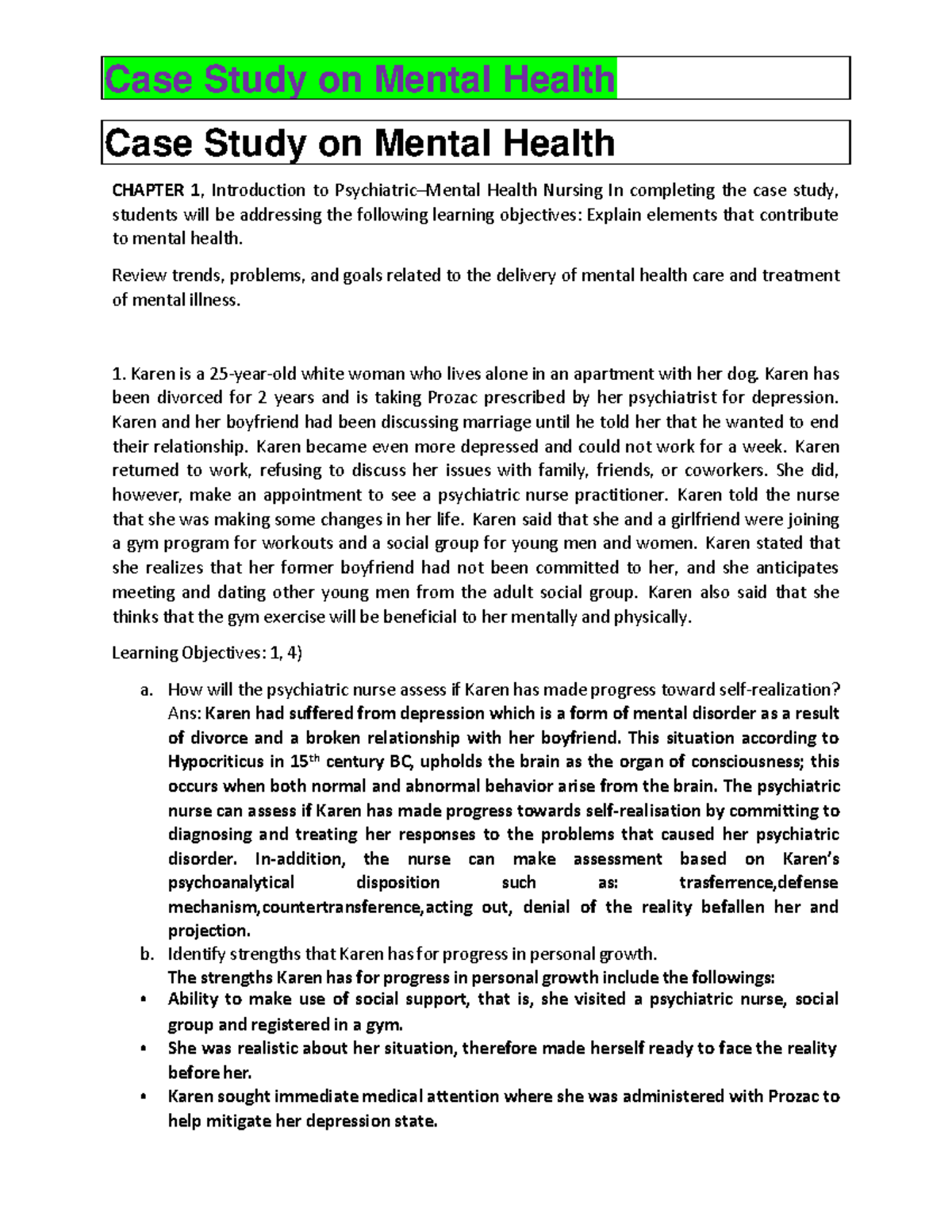 Case Study on Mental Health Nursing: Care and Interventions (NUR 401 ...