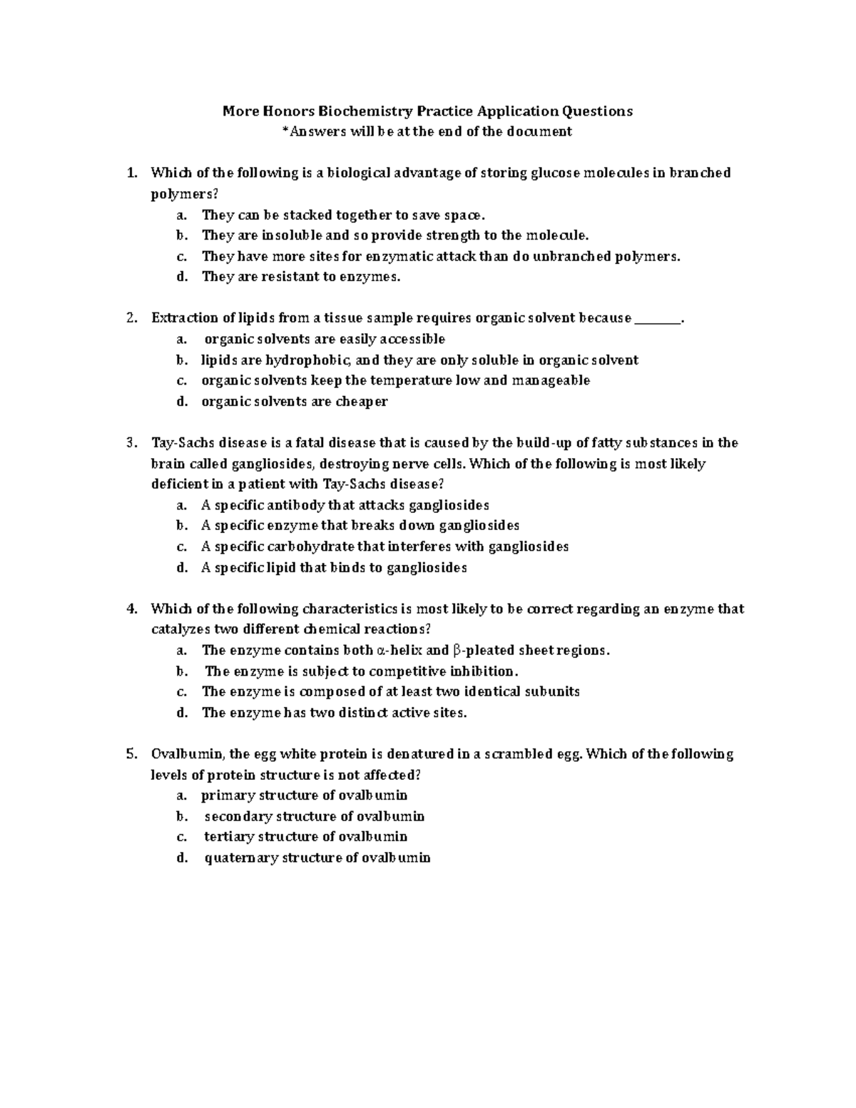 Honors Biochemistry Practice Questions for Application - Final Exam ...
