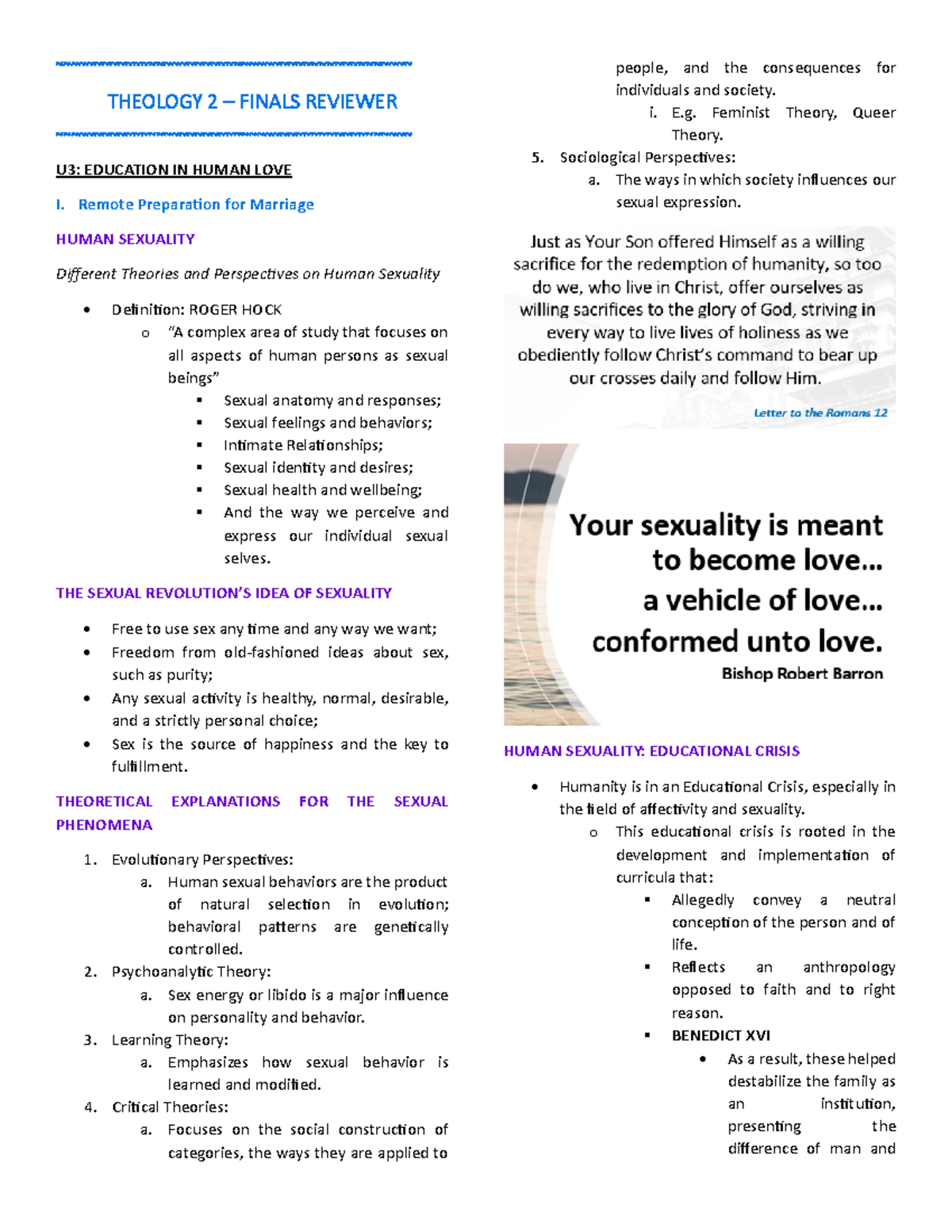 THY Reviewer/Notes - ## THEOLOGY 2 – FINALS REVIEWER U3: EDUCATION IN ...